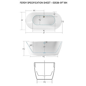 FerdY Bali 55"x28" Freestanding Bathtub, Modern Oval Acrylic Soaking Bathtub with Brushed Nickel Drain, Integrated Slotted Overflow, Glossy White, cUPC Certified, 02538