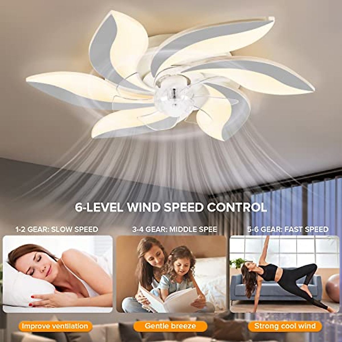 Matalde Modern Ceiling Fan with Lights Remote Control, Bladeless Ceiling Fan with 3 Color Dimmable LED Light, 6 Gear Wind Speed Flush Mount Smart Ceiling Fan Light for Bedroom
