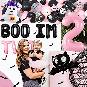 Halloween 2nd Birthday Decorations for Girl Black Pink White BOO IM TWO Balloon Garland Arch Kit Bat Ghost Number 2 Balloons with 3D Bat Wall Stickers Halloween Spooky Second Birthday Supplies