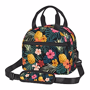 Palm Leaves Hibiscus Flowers Lunch Bag Tropical Pineapples Fruit Reusable Insulated Lunch Tote Bag Lunchbox Container With Adjustable Shoulder Strap For Office Work School Picnic Travel
