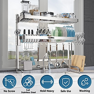 Loyalfire Over Sink Dish Drying Rack, 3 Tier Adjustable Length (20.87''~37.6'') Full Stainless Steel Large Storage Kitchen Dish Rack, Expandable Shelf Rack with Utensil Holder, Cup Hanging Set