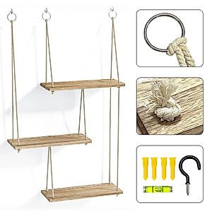 Fixwal Hanging Shelves for Wall, 3 Tier Boho Wall Decor Plant Rack Floating Shelves Rope Rustic Wood Organizer Storage Hanger for Aesthetic Home Bedroom Kitchen Bathroom- Rustic Brown