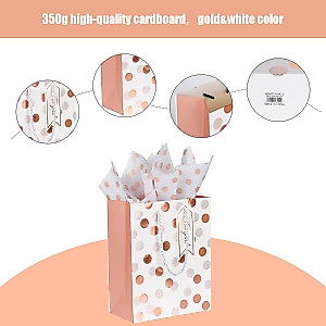Dimetey 12pcs 9" Gift Bags, Medium Size Paper Bags with Tissue Paper, White Gold Wrap Paper Gift Bags with Handles for Shopping Party Wedding Baby Shower Holiday Presents (Rose Gold)
