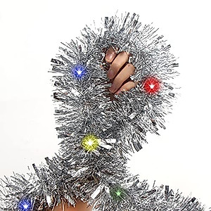 KIMOBER 32.8 Ft Christmas Prelit Tinsel Garland, Silver Metallic Garland with 100 LED Lights for Christmas Tree Decoration,Wedding Party Supplies