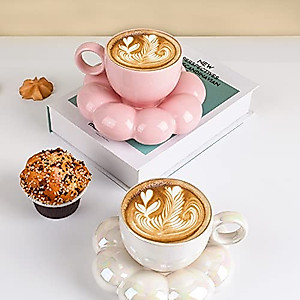 Koythin Ceramic Coffee Mug with Saucer Set, Creative Cute Cup with Sunflower Coaster for Office and Home, Dishwasher and Microwave Safe, 6.5 oz/200 ml for Tea Latte Milk (Peach Pink)