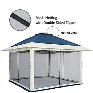 Suntime 13x13 Instant Pop Up Gazebo Canopy Tent Shelter with Solar LED Lights, Zippered Mesh Mosquito Netting, Wheeled Roller Carry Bag, Bonus Weight Sandbags, Stakes, Ropes - Navy