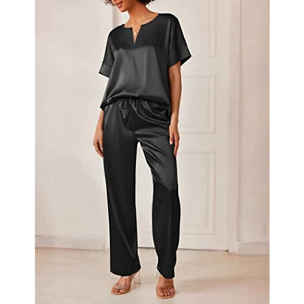 Ekouaer Women's Silk Pajama Short Sleeve Nightwear Satin V Neck Sleepwear Soft Long Pant Silky Sleep Set Black