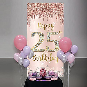 25th Birthday Door Banner Decorations for Women, Pink Rose Gold Happy 25 Birthday Backdrop Sign Party Supplies, Large 25 Year Old Birthday Poster Door Cover Decor