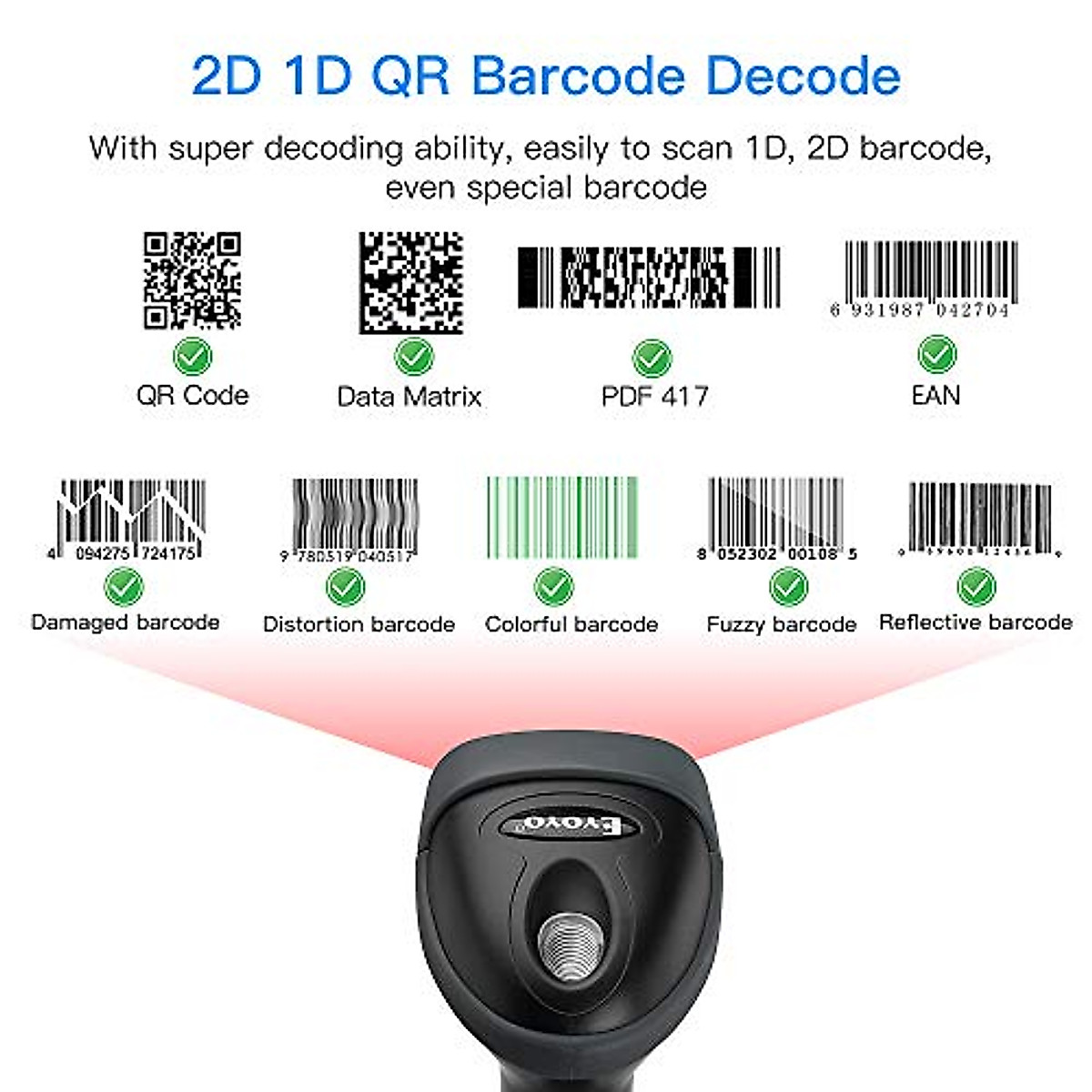 Eyoyo Handheld USB 2D Barcode Scanner, Wired Automatic QR Code Scanner PDF417 Data Matrix Bar Code Reader with Long USB Cable for Mobile Payment, Convenience Store, Supermarket, Warehouse