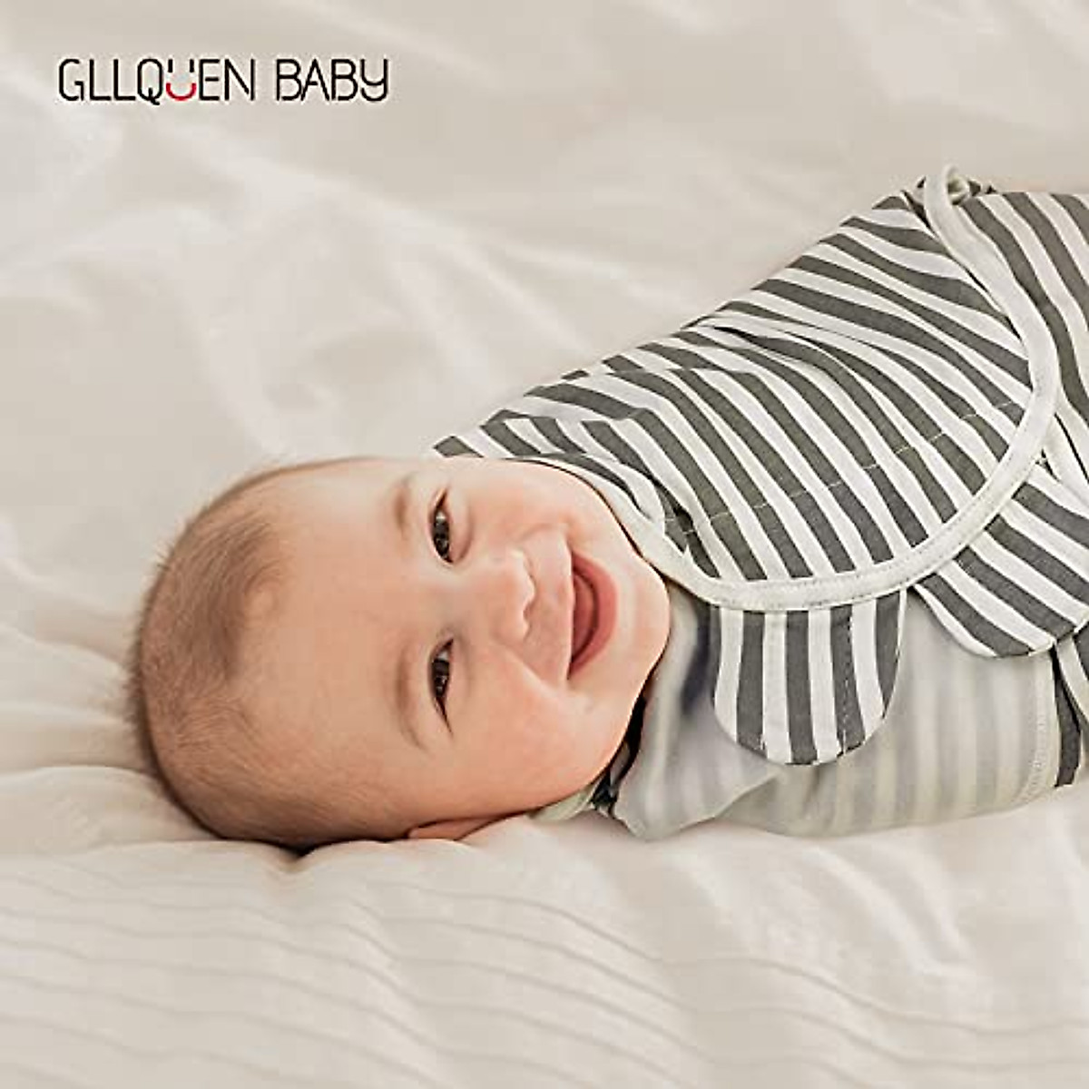 GLLQUEN BABY Organic Swaddle Blankets for Baby Boy Girl, Gray Elephant Star & Stripe, 3 Pack Wrap Set, Newborn Adjustable Swaddles Sleep Sack, 0-3 Months (Small/Medium)