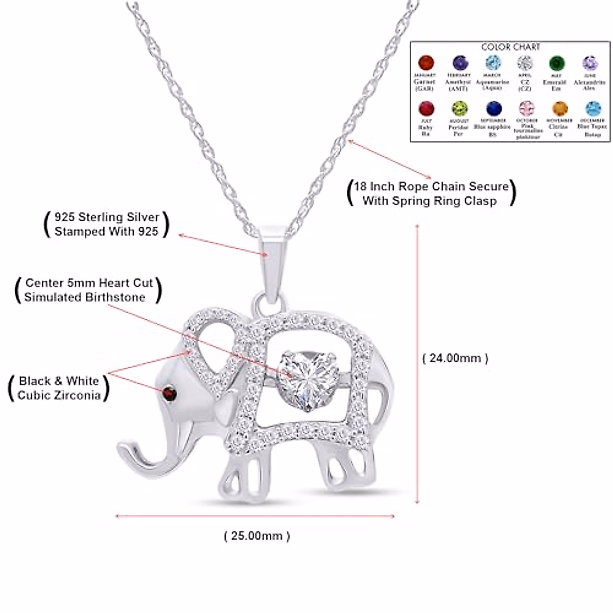 AFFY Simulated Aquamarine And White Cubic Zirconia Floater Elephant Pendant Necklace, 14K White Gold Over Sterling Silver, 5MM Heart Cut Center Aquamarine, 18'' Rope Chain