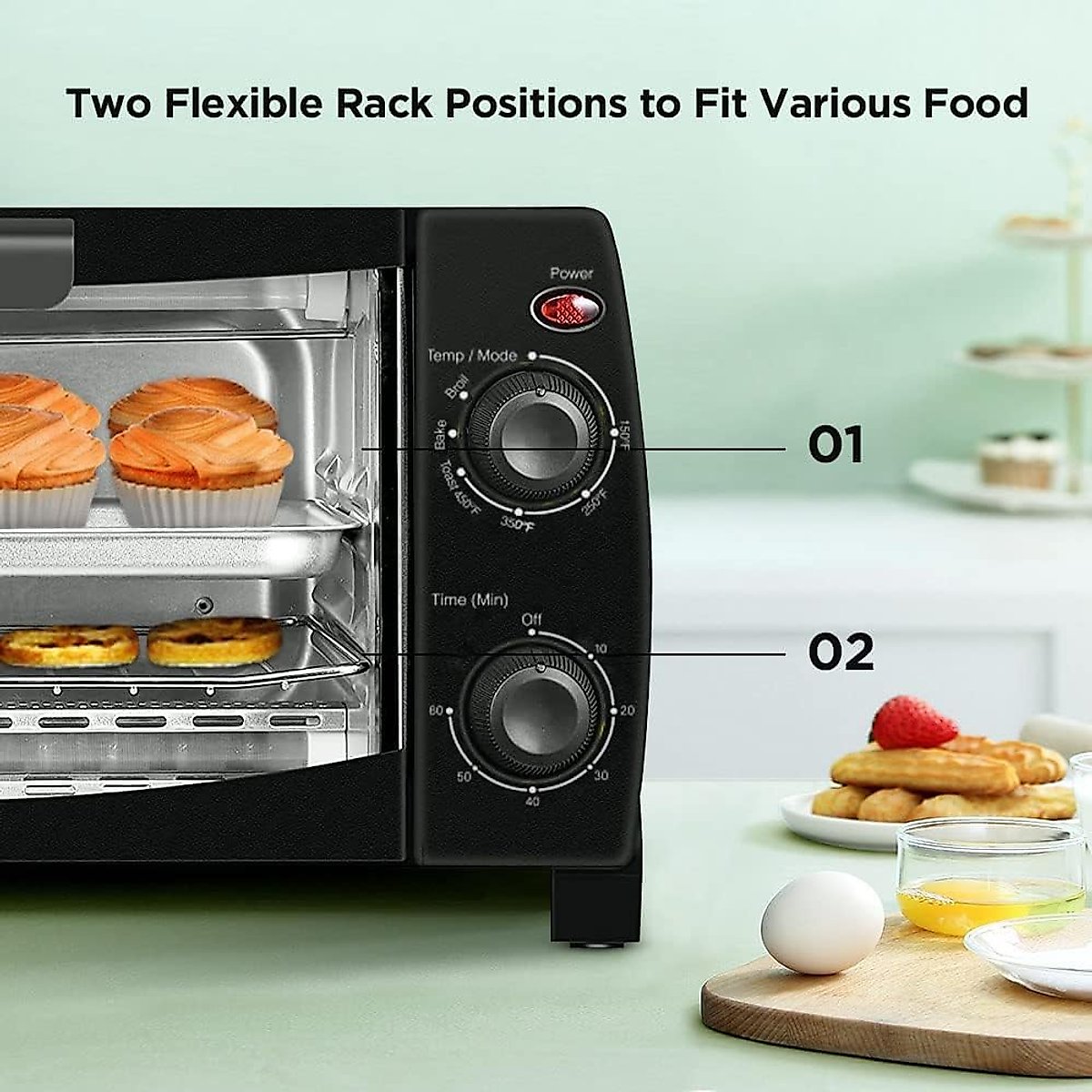 Dominion 4 Slice Small Toaster Oven Countertop, Retro Compact Design, Multi-Function with 30-Minute Timer, Bake, Broil, Toast, 1000 Watts, 2-Rack Capacity, Black