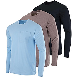 3 Pack Men's Cotton Quick Dry Dri Fit Shirt Long Sleeve Crew Pocket T-Shirt Tee Gym Casual Work Workout Undershirt Clothes Fashion Shirts Athletic Active Soft Sleep Cool Lounge Performance- Set 1, S