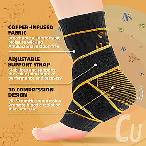 Copper Ankle Brace for Women Men Plantar Fasciitis Relief - Ankle Support Brace Ankle Compression Sleeve Socks Foot Brace Ankle Wrap for Sprained, Achilles Tendon, Pain Relief, Injured Foot, Sports
