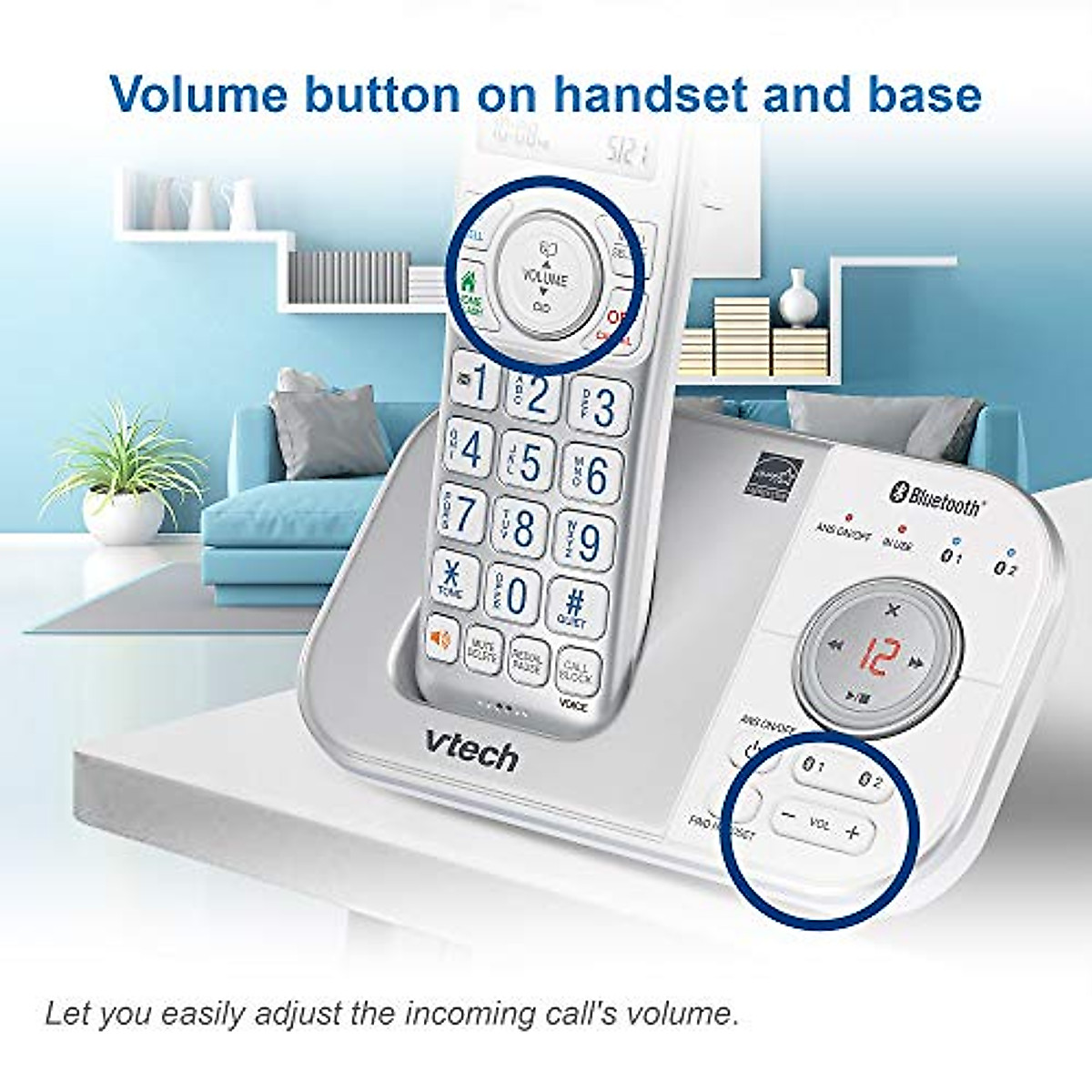 Vtech VS112-37 DECT 6.0 Bluetooth 3 Handset Cordless Phone for Home with Answering Machine, Call Blocking, Caller ID, Intercom and Connect to Cell (Silver & White)
