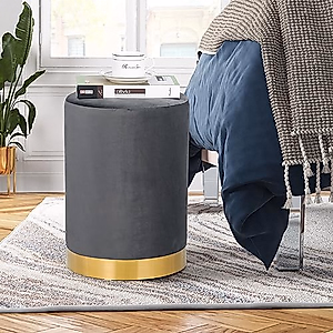Adeco 11.61" Round Velvet Ottoman with Gold Metal Base, Upholstered Makeup Vanity Chair Soft Compact Padded Foot Rest Stool, Boucle Stool for Living Room Bedroom (Cement Grey)