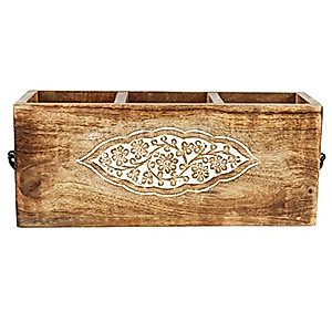 Mother's Day Gifts Hand Carved Wooden Kitchen Utensil Holder With 3 Compartments Wood Utensil Organizer for Cutlery, Napkins, Cups Caddy Organizer | 12 X 4 X 5 Inch