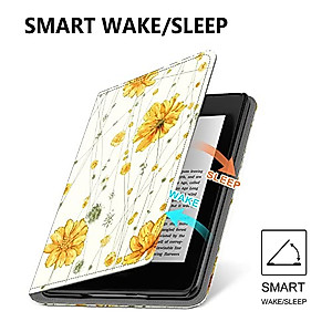 Ayotu Stand Case for 6" All-New Kindle 11th Generation 2022 Release, Premium PU Leather Cover with Hand Strap, Auto Sleep/Wake and Back Cover Adsorption, Only for Basic Kindle 2022, Yellow Flowers
