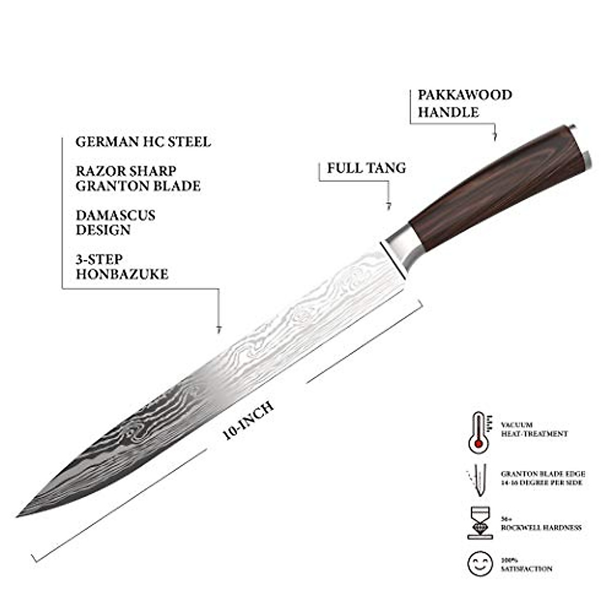 GRANDTIES Damascus Style Slicing Carving Knife - 10 Inch Full Tang High Carbon German Stainless Steel Brisket Kitchen Knives - Long Slicer & Carver - Ergonomic Pakkawood Handle - With Gift Box