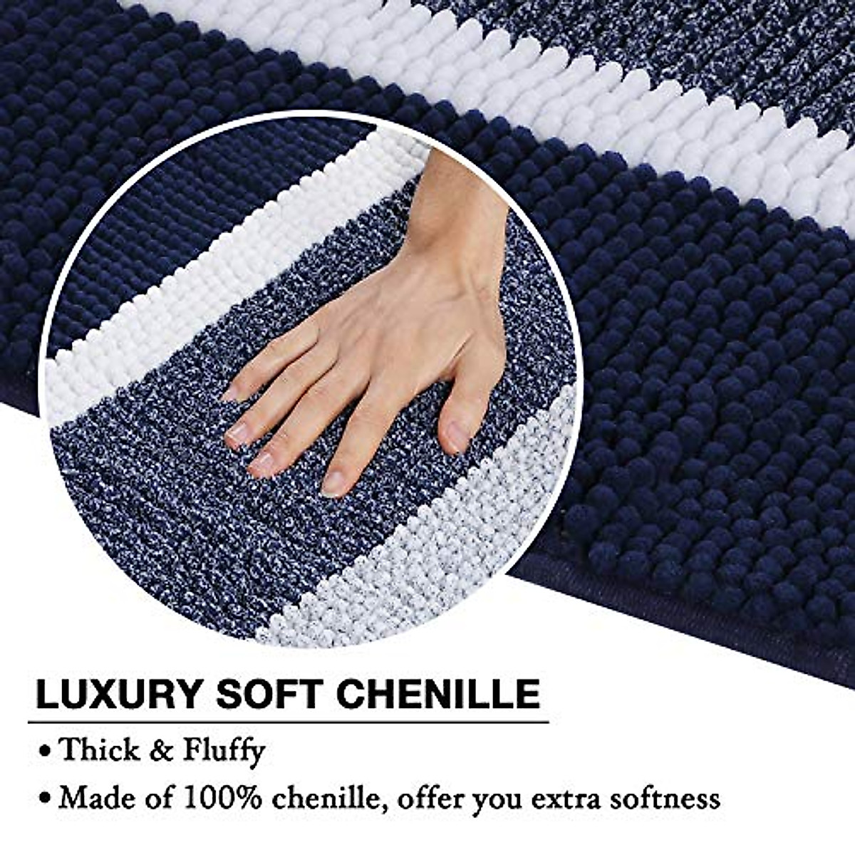 Luxury Chenille Microfiber Floor Mat for Living Room Bedroom, Gradient Navy Stripe Pattern Shag Plush Rug, Soft Non Slip Absorbent Bathmat Washable Home Decor, (47×20 inch, Navy)