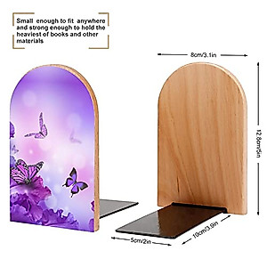 Hon-Lally Butterfly on Purple Flowers Pattern Wood Bookends Decorative Bookend Non-Skid Office Book Stand for Books Office Files Magazine