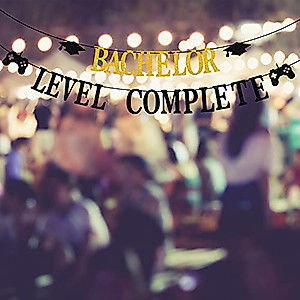 Bachelor Level Complete Banner, Congrats Bachelor Degree Graduation Party Decor, Video Game Themed Decorating, Class of 2021 Bachelor Graduation Party Decoration Supplies Black Glitter.