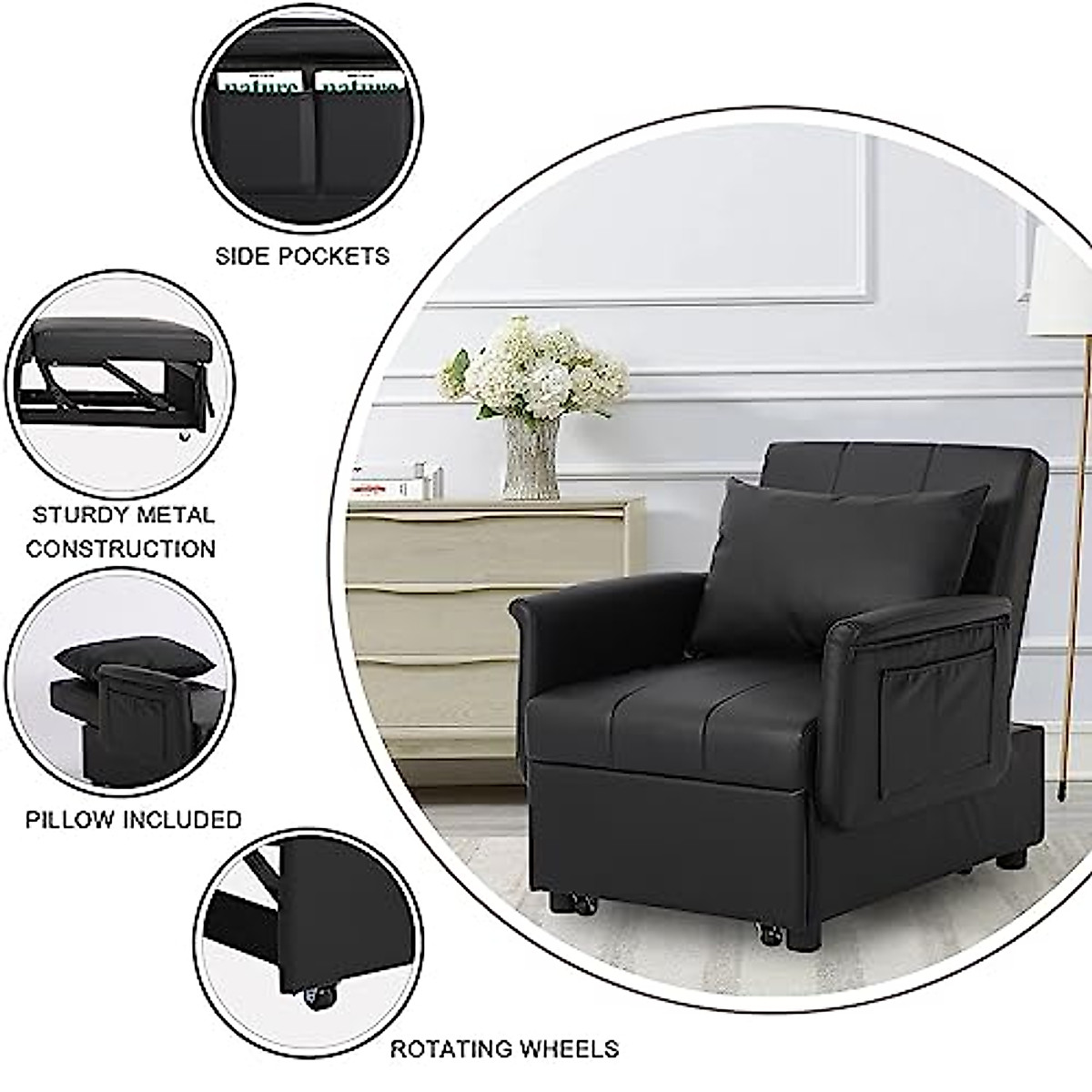 Oprisen Sleeper Chair Bed 3-in-1 Convertible Chair Bed Pull Out Sofa Bed w/Adjustable Backrest Faux Leather Chaise Lounge Sofa Bed Couch for Small Space w/Side Pockets (PU-Black)