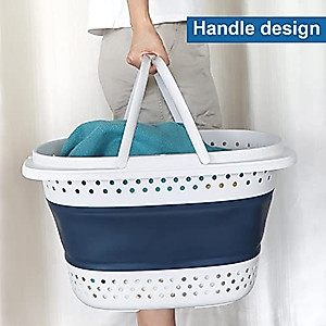 Nancyber Collapsible Plastic Laundry Basket, 42L Large Laundry Hamper with Handles, Foldable Pop Up Storage Container/Organizer, Portable Clothes Hampers/Baskets in the Dorm & Family, White & Blue
