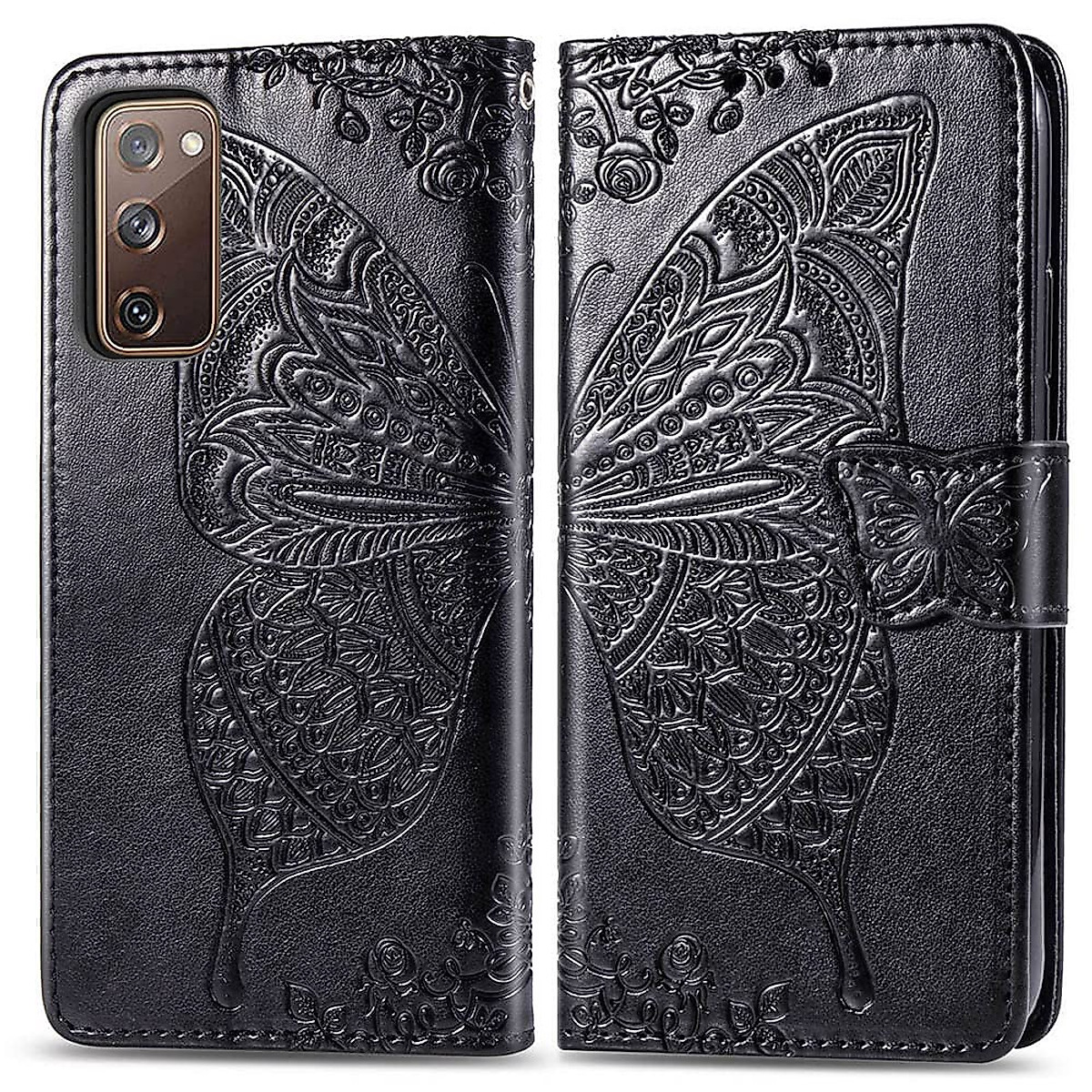 KRHGEIK Designed for Samsung Galaxy S20 FE Case Wallet,Women Flip Cover with Butterfly Embossed PU Leather Kickstand Credit Card Holder Slots Magnetic Wrist Strap Phone Case (Black)