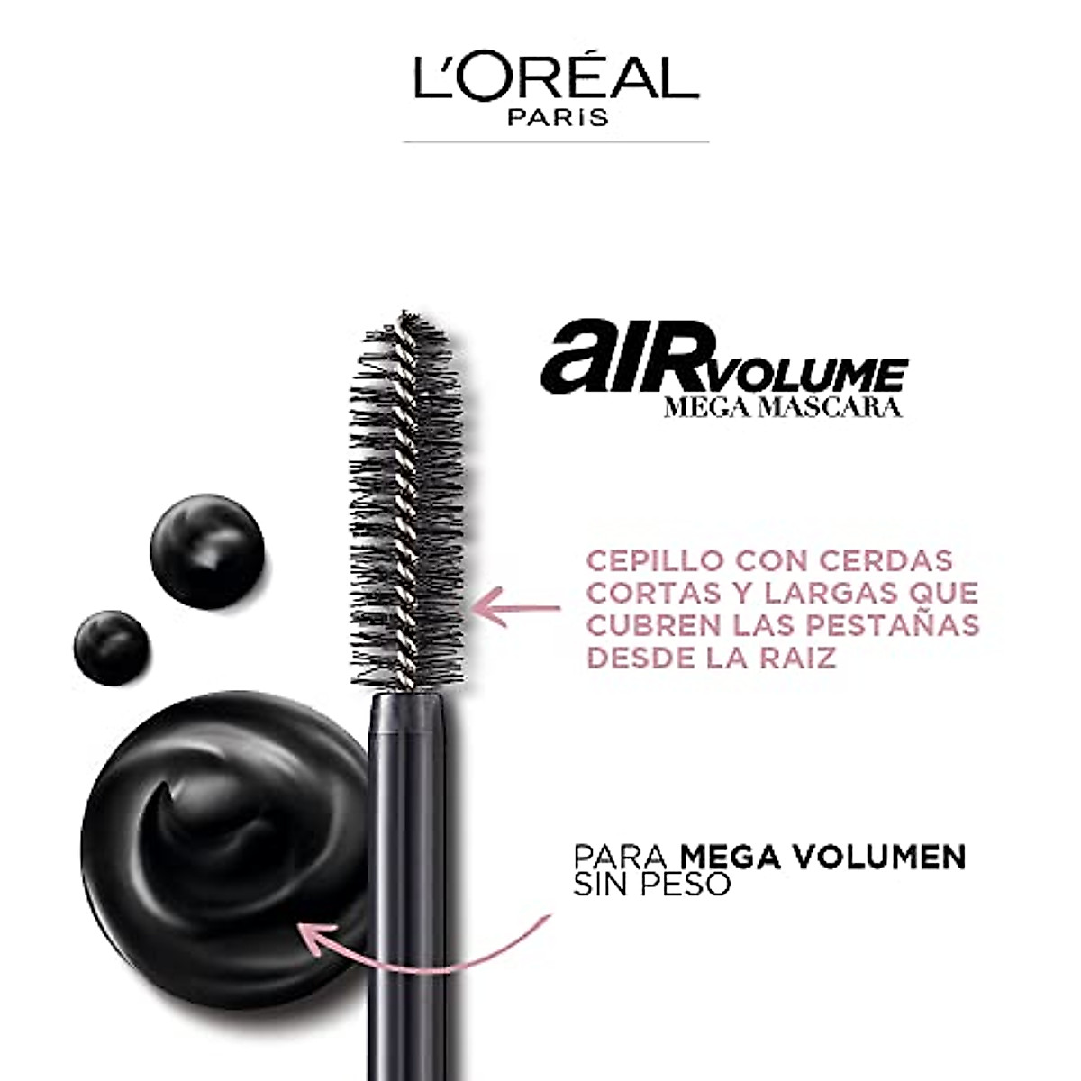 L'Oreal Paris Makeup Air Volume Mega Mascara, Lightweight & Long-lasting Volumizing Mascara for Voluminous Eyelashes, Waterproof Black, 0.3 Fl Oz