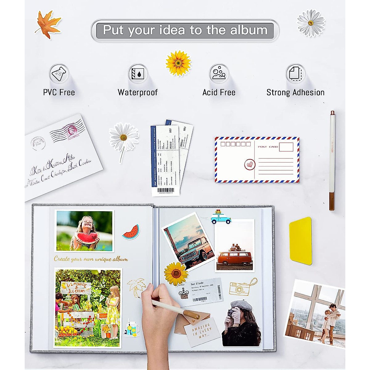 Popotop Photo Album Self Adhesive with Picture Display Window,40 Pages DIY Baby Memory Book for 4x6 8x10 Picture,Linen Cover Scrapbook for Wedding,with Scraper and Metallic Pen