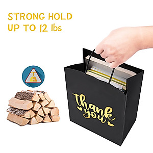 QIELSER Thank You Gift Bags Bulk 50 Pcs Medium, Gold Foil Thank You Black Paper Bags with Handles for Retail Shopping, Wedding, Baby Shower Holiday, Party Favors, Size 8x4.75x10 Inches