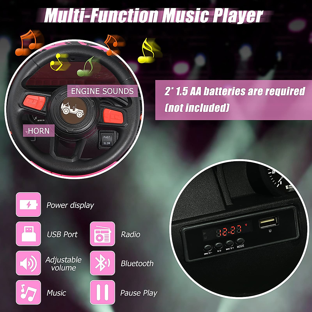 INFANS Ride on Car Truck with 2.4G Remote Control, 12V Battery Powered Electric Cars for Kids w/3 Speeds, Battery Display, LED Lights, Safety Belt, Music & Horn, Bluetooth/FM/USB (Pink)