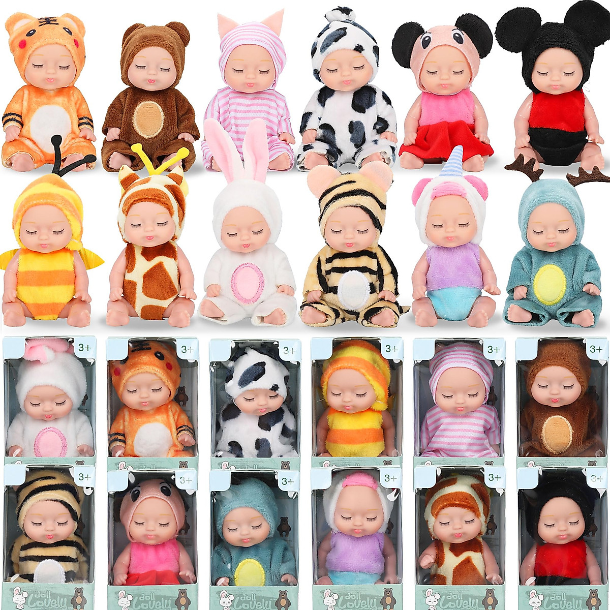 Xefuu 12 Pcs Mini Baby Dolls 4.5 Inch Lifelike Realistic Baby Toy Dolls Tiny Reborn Babies with Animal Clothes Cute Small Baby Doll for Kids Girls Boys Toddlers Easter Gifts