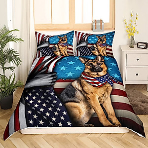American Flag Duvet Cover Set King Size,German Shepherd Animal Comforter Cover with 2 Pillowcases,Stars Stripes USA Flag Modern Bedding Set for Adult Young Bedroom Xmas Gift
