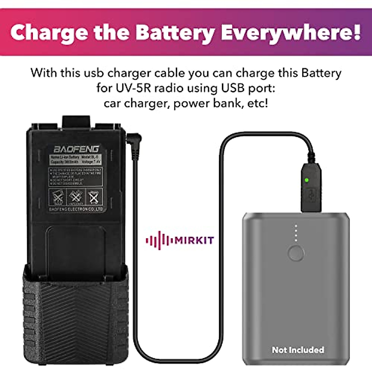 MIRKIT UV-5R Accessories Compatible with Baofeng BF-F8HP, Full House Set: UV5R Battery BL-5L 3800 mAh, USB Charge Cable, Speaker Mic, Mirkit FTDI Programming Cable Model 3, Lanyard Mirkit
