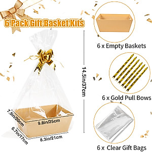 6 Pack Baskets for Gifts Empty- Large Sturdy Kraft Gift Basket Kit with Pull Bows and Clear Gift Bags for Christmas Wedding Birthday Party Gift Wrapping