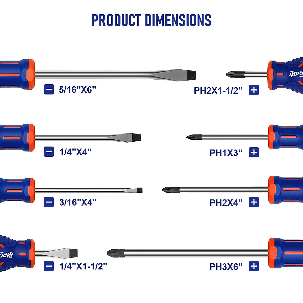 InPower Magnetic Screwdriver Set, 8 Pcs Phillips Head Screwdriver and Flat Head Screwdriver, Includes 4 Slotted and 4 Phillips Screwdrivers for Home Repair, Improvement, Craft