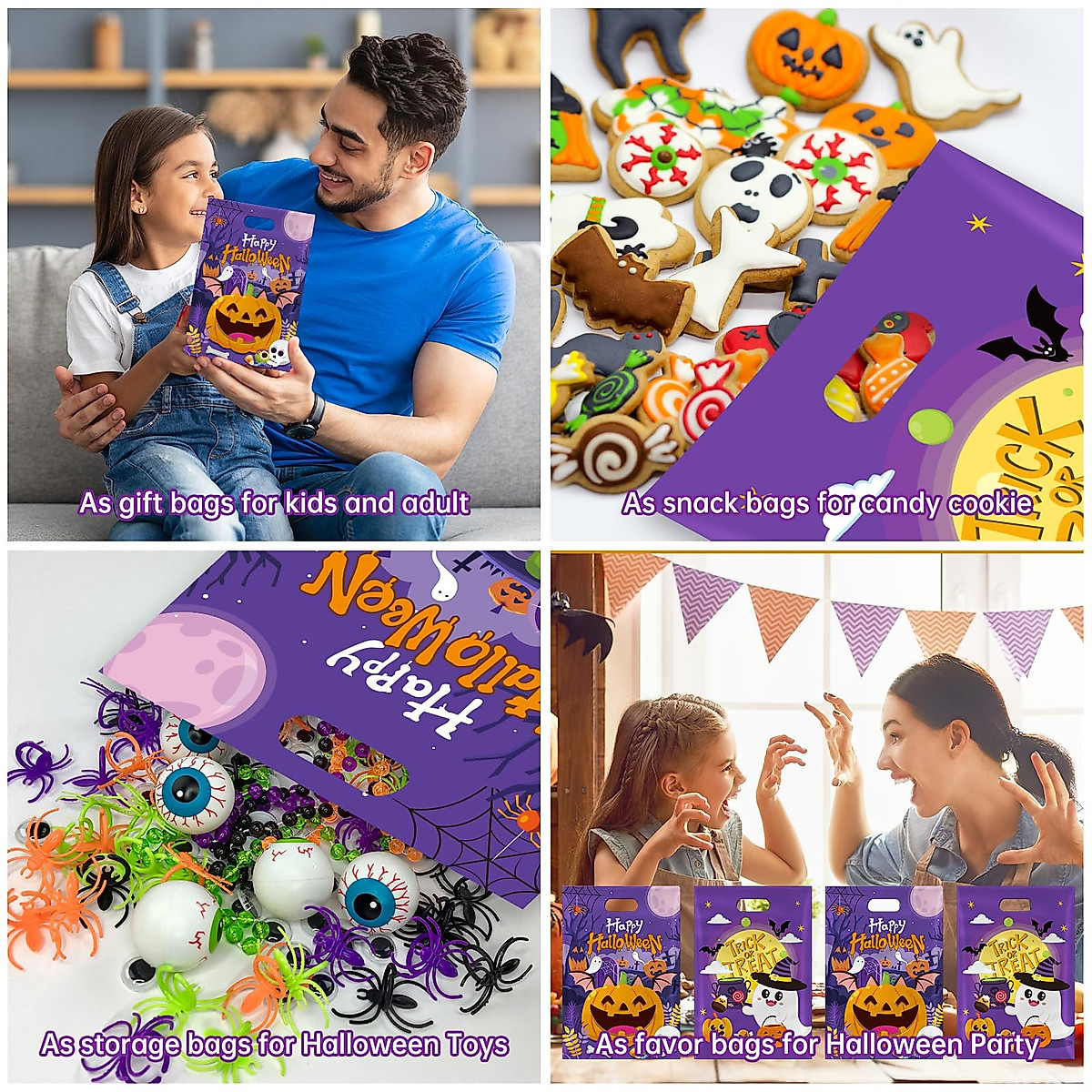 40 Pcs Happy Halloween Treat Bags with Handles-Trick or Treat Halloween Goodie Bags for Kids, Cute Ghost Pumpkin Halloween Plastic Candy Goody Gift Bags for Halloween Party Decorations Supplies Favors