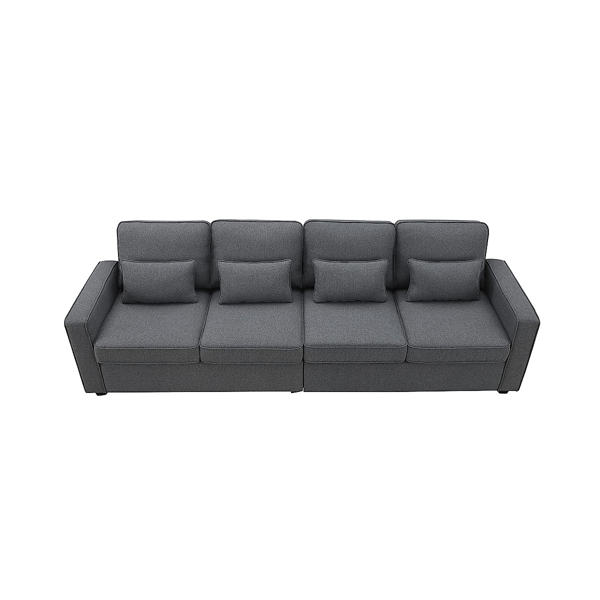 P PURLOVE Modern 4 Seater Sofa with Sturdy Plastic Legs, Modern Linen Fabric Sofa with Armrest Pockets and 4 Pillows, Minimalist Style Couch for Living Room, Apartment, Office (Dark Grey)