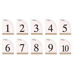 Hanna Roberts Minimal Curved Wooden Table Number Sign with Wooden Base | For Wedding Reception, Restaurants, Rehearsal Dinner, Events and Party (Set of 10, 1-10) (Set of 10, 1-10, Pink)