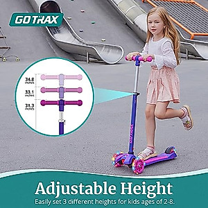 Gotrax KS1 Kids Kick Scooter, LED Lighted Wheels and 3 Adjustable Height Handlebars, Lean-to-Steer & Widen Anti-Slip Deck, 3 Wheel Scooter for Boys & Girls Ages 2-8 and up to 100 Lbs (Purple)