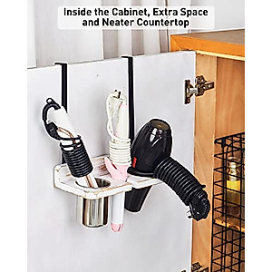 Hair Tool Organizer Under Sink with Cup, Honizer Wooden Hair Dryer Holder Cabinet Door, Bathroom Organizer Under Sink for Curling Iron, Brush, Flat Iron- White