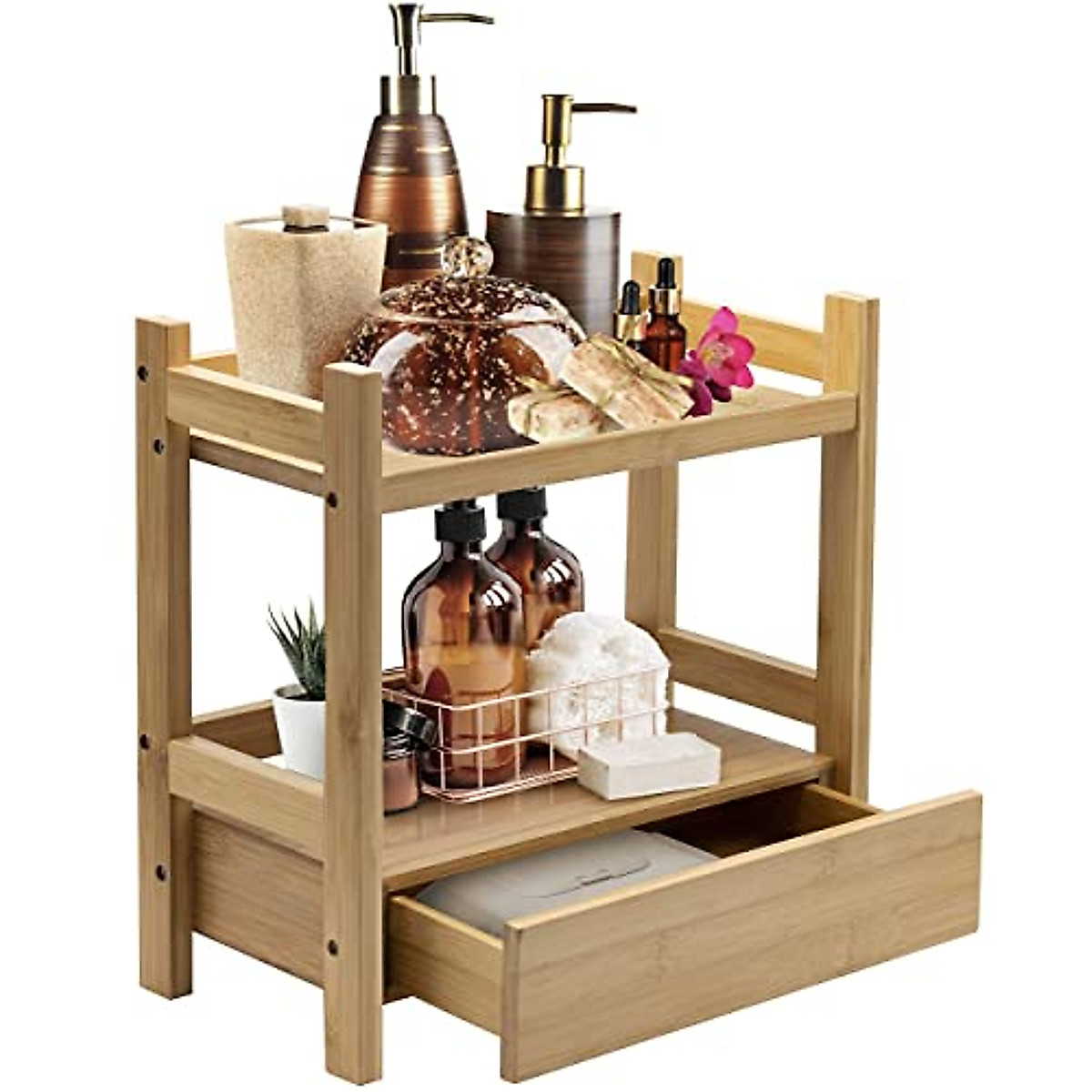 Sorbus 2-Tier Bamboo Countertop Shelf with Hidden Drawer - Makeup Organizer - Multi-Purpose Storage for Skincare, Toiletries, Desktop - Display Stand Shelf for Bathroom Vanity Counter, Kitchen, Office