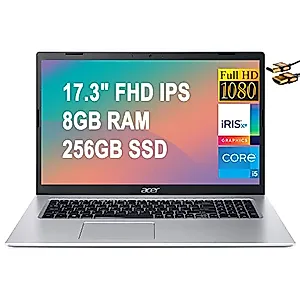 Acer Aspire 3 17 Business Laptop 17.3" FHD IPS ComfyView Display 11th Gen Intel Quad-Core i5-1135G7 (Beats i7-10710U) 8GB RAM 256GB SSD Intel Iris Xe Graphics Webcam Win10 Silver + HDMI Cable