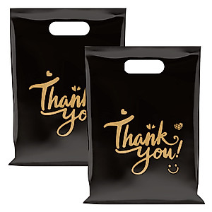 100Packs Thank You Shopping Bags for Boutique Small Business Die Cut Handle 12x15 Inch Glossy Bulk Retail Merchandise Bags Black Gold Plastic Reusable Gift Bags for T-Shirt Packaging Goodie Bags