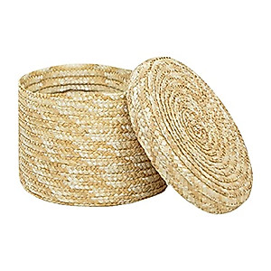 Storage Basket Straw Woven Storage Baskets with Lid Round Sundries Basket Gift Basket Desktop Storage Organizer for Vanity Cabinet Office 14x13cm Woven Storage Basket