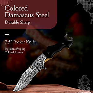 Morf Steelware Hand Forged Damascus Hunting Knife - Personalized Sheath, Folding Blade, Black Horn Handle - Premium Steelware for Men, Outdoor Enthusiasts, Leather Sheath