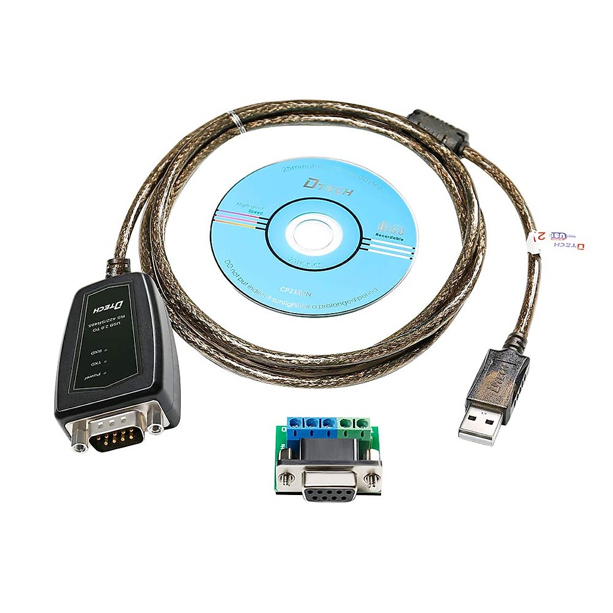 DTECH USB to RS485 Adapter RS422 Serial Port Cable with CP2102 Chip Terminal Board LED Lights Ferrite Core for Windows 11 10 8 7 XP Mac (5 Feet)