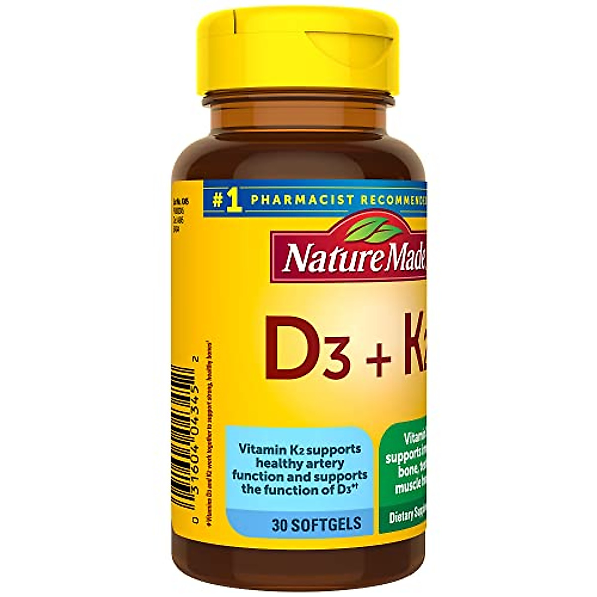 Nature Made Vitamin D3 K2, 5000 IU (125 mcg) Vitamin D, Dietary Supplement for Bone, Teeth, Muscle and Immune Health Support, 30 Softgels, 30 Day Supply